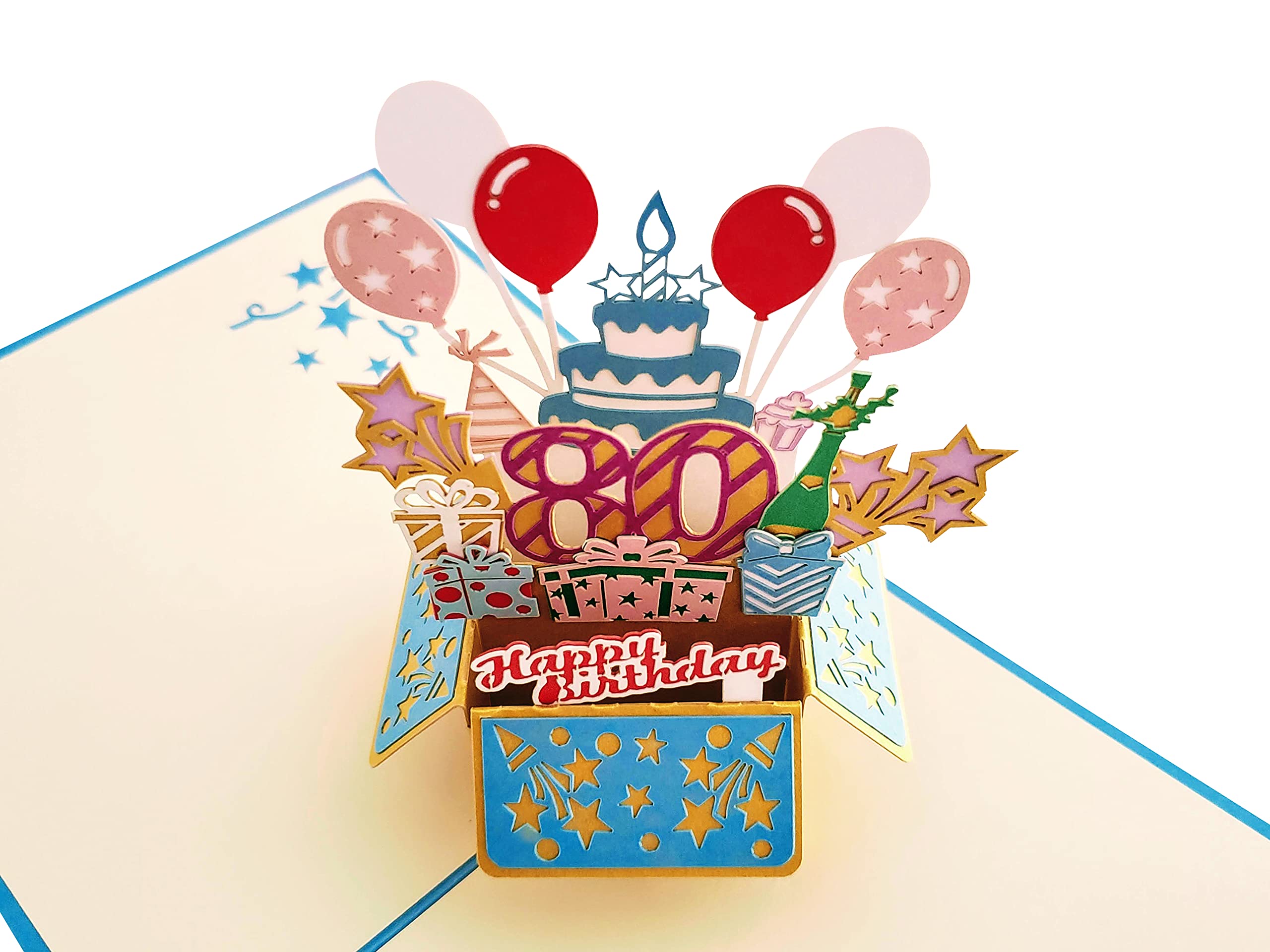 iGifts And Cards Happy 80th Blue Birthday Party Box 3D Pop Up Greeting Card – Eighty, Awesome, Balloons, Unique, Celebration, Feliz Cumpleaños, Fun, Fabulous