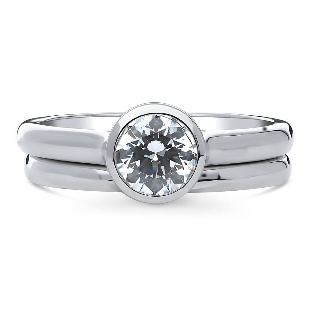 BERRICLE Sterling Silver Solitaire Wedding Engagement Rings 0.8 Carat Bezel Set Round Cubic Zirconia CZ Ring Set for Women, Rhodium Plated Size 4