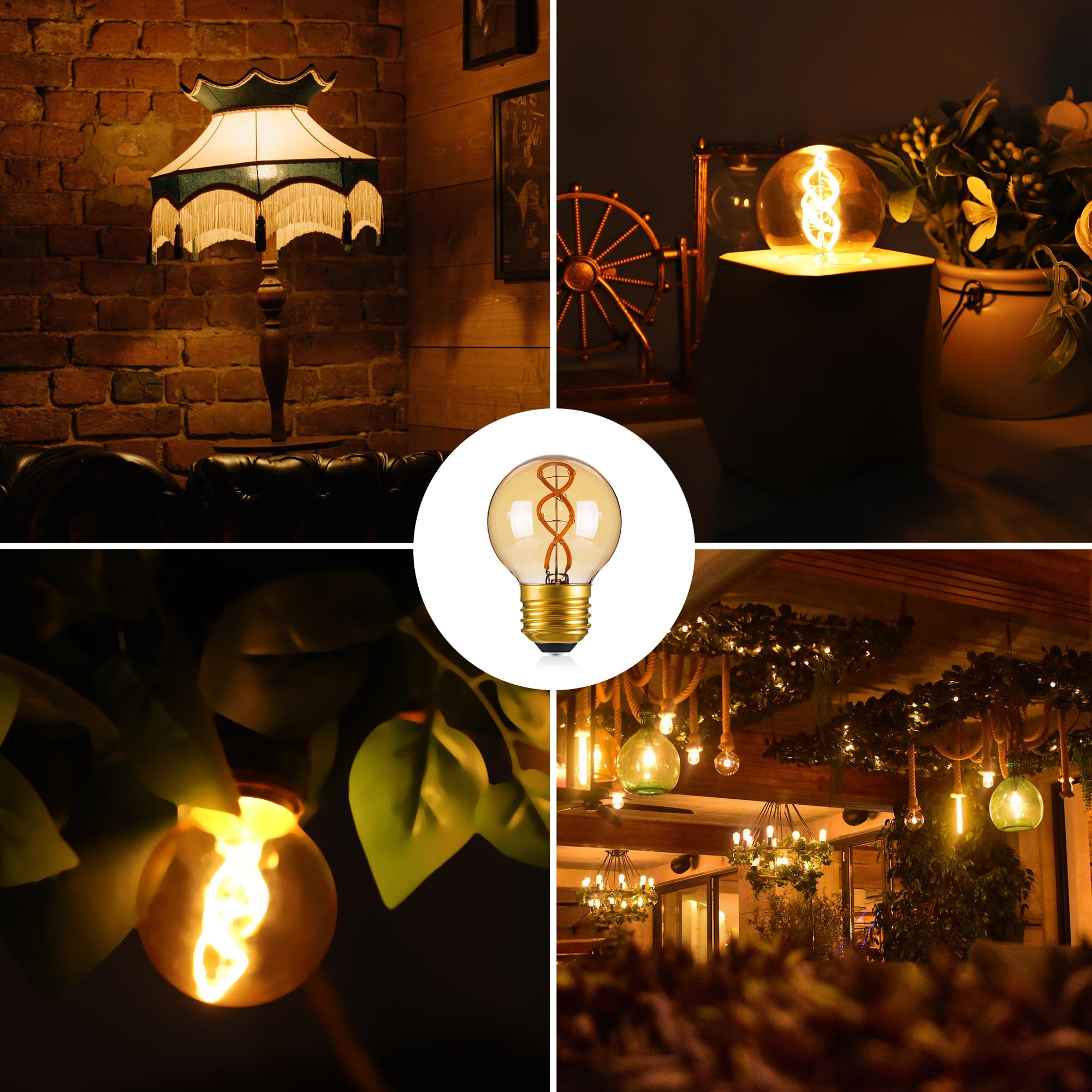Genixgreen Dimmable E26 Amber LED Bulb Small Edison Light Bulb 25 Watt Equal 3W,G16.5/G50 Antique Globe Spiral Filament Bulb for Vanity Outdoor Light Strings,Soft White 2200K,180LM,2 Pack