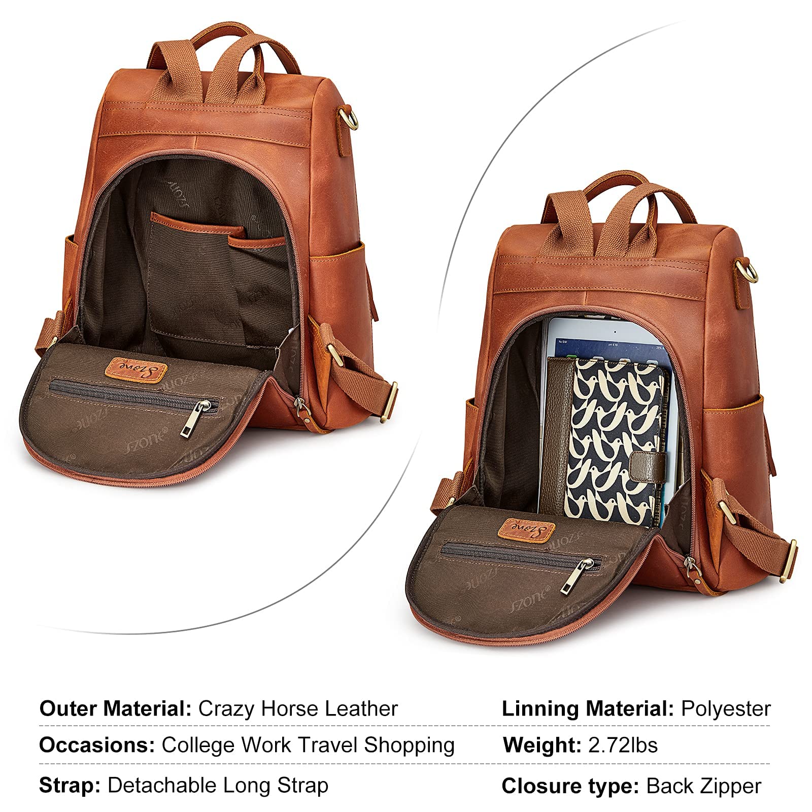 S-ZONE Vintage Genuine Leather Totes for Women Purse Handbag with Anti-thief Backpack Large