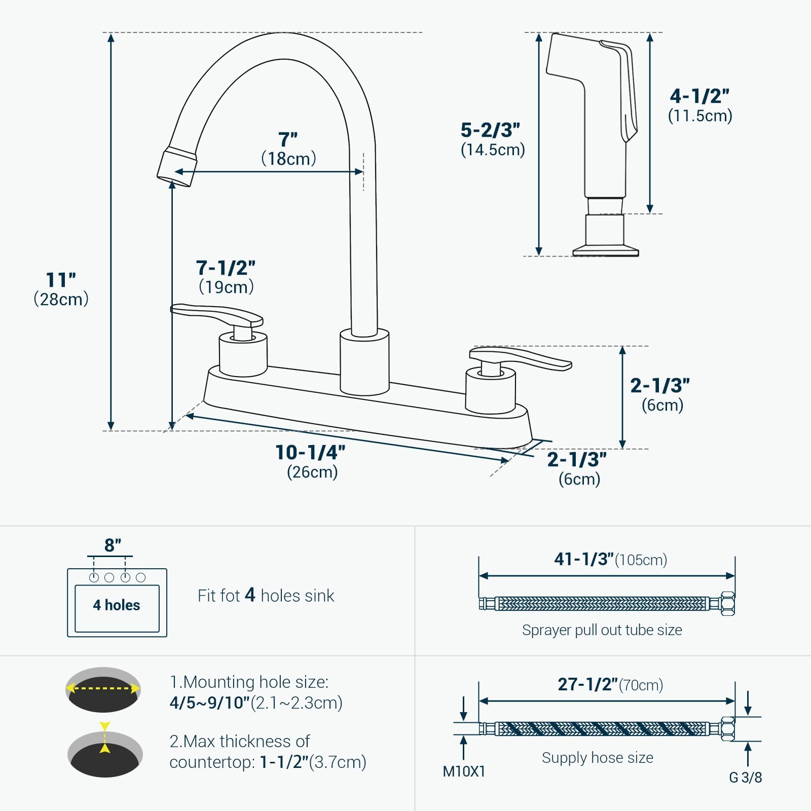DAYONE Kitchen Faucet with Side Sprayer 2 Handle Brushed Nickel, 8 Inches 4 Holes Centerset Kitchen Sink Faucet, Pull Out Stainless Steel Sink Faucets for RV Laundry Bar with Supply Lines, DAY-CR2001