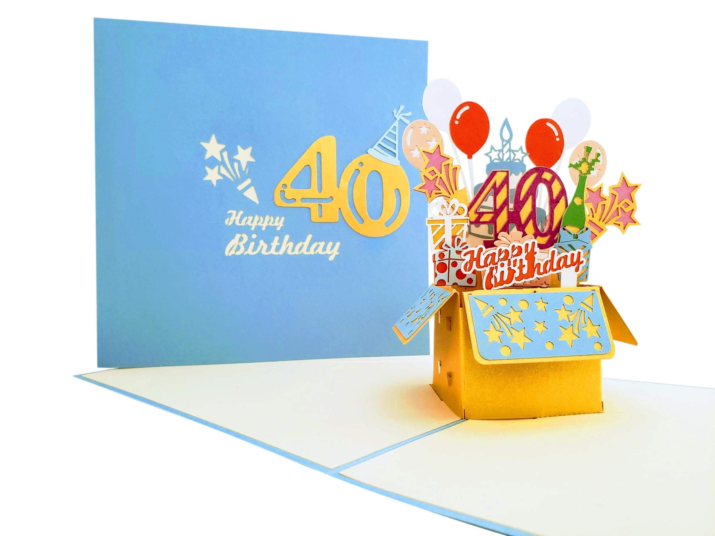 iGifts And Cards Happy 40th Blue Birthday Party Box 3D Pop Up Greeting Card ā Forty, Awesome, Balloons, Presents, Unique, Celebration, Feliz CumpleaƱos, Congrats, Fun