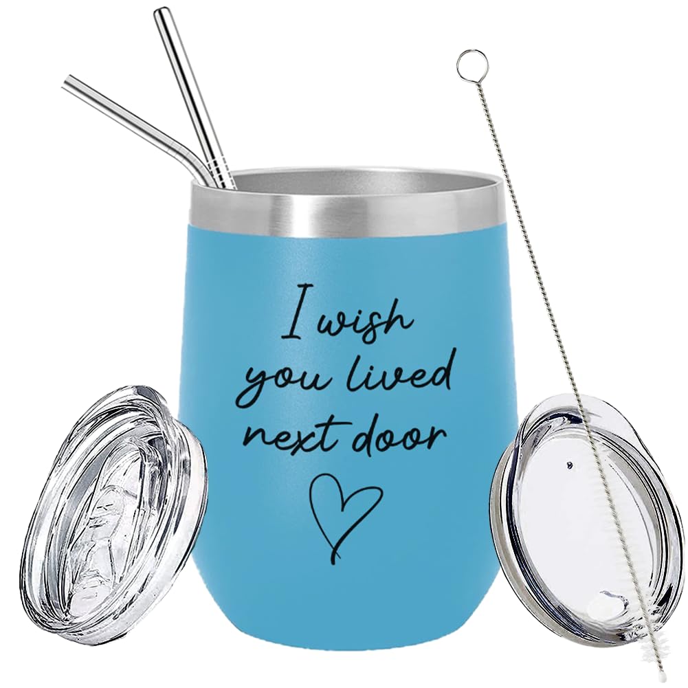 Bubble Hugs WItty Blue Wine Tumbler 12 Oz - I Wish You Lived Next Door Funny Mug for Bestfriend