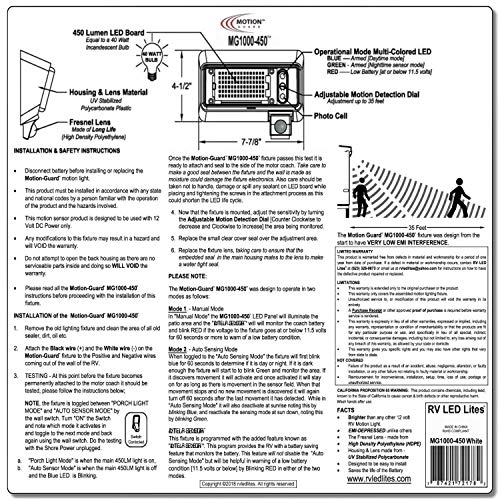 MOTION-GUARD, MG1000-450W, RV Motion Sensor Light, 12 Volt, Exterior Mounted Motion Sensor Bright LED Porch Utility IP65 Flood Light with Battery Monitoring Sensor and EMI Suppression, USA Designed
