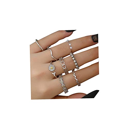 Black Knuckle Rings Set for Women Girls Vintage Stackable Midi Rings Boho Crystal Pearl Sea Wave Finger Ring Pack (K-Silver Daisy)