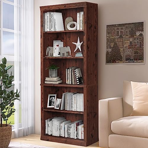 LYNSLIMÂ Wooden Bookcase, 5-Shelf Free Standing Bookcase for Home Office Living Room Open Display Organizer Storage Bookshelf, Oak Finish Decor Furniture (Brown)