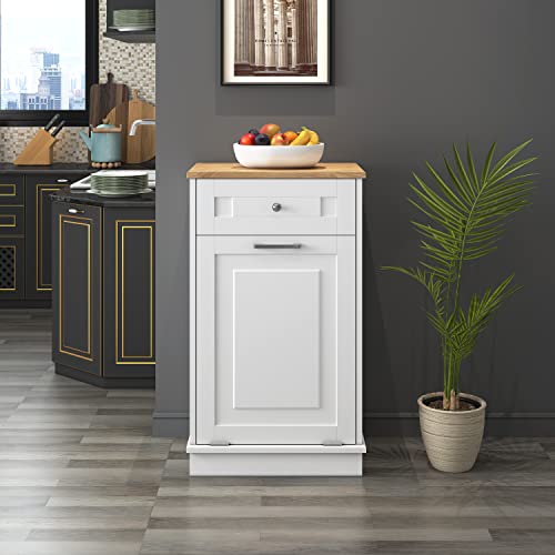 Goodyo Tilt Out Kitchen Trash Can Cabinet Wooden Trash Can Holder, Oak Top ,White w/ Drawer