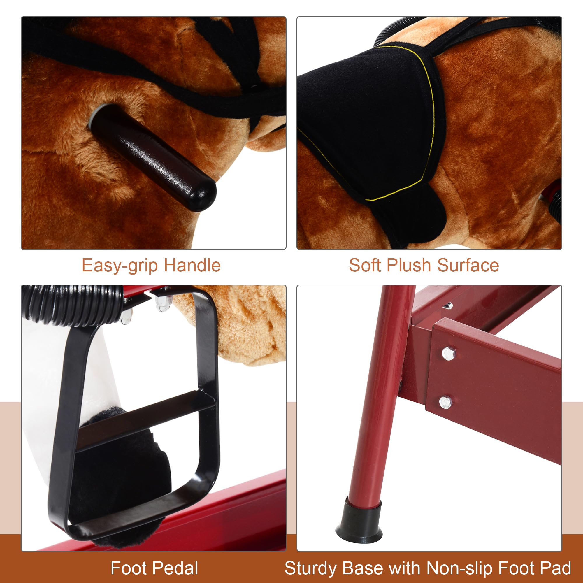 Qaba Durable Plush Toddlers Spring Rocking Horse, Bouncing Rocker Toy with Realistic Sounds