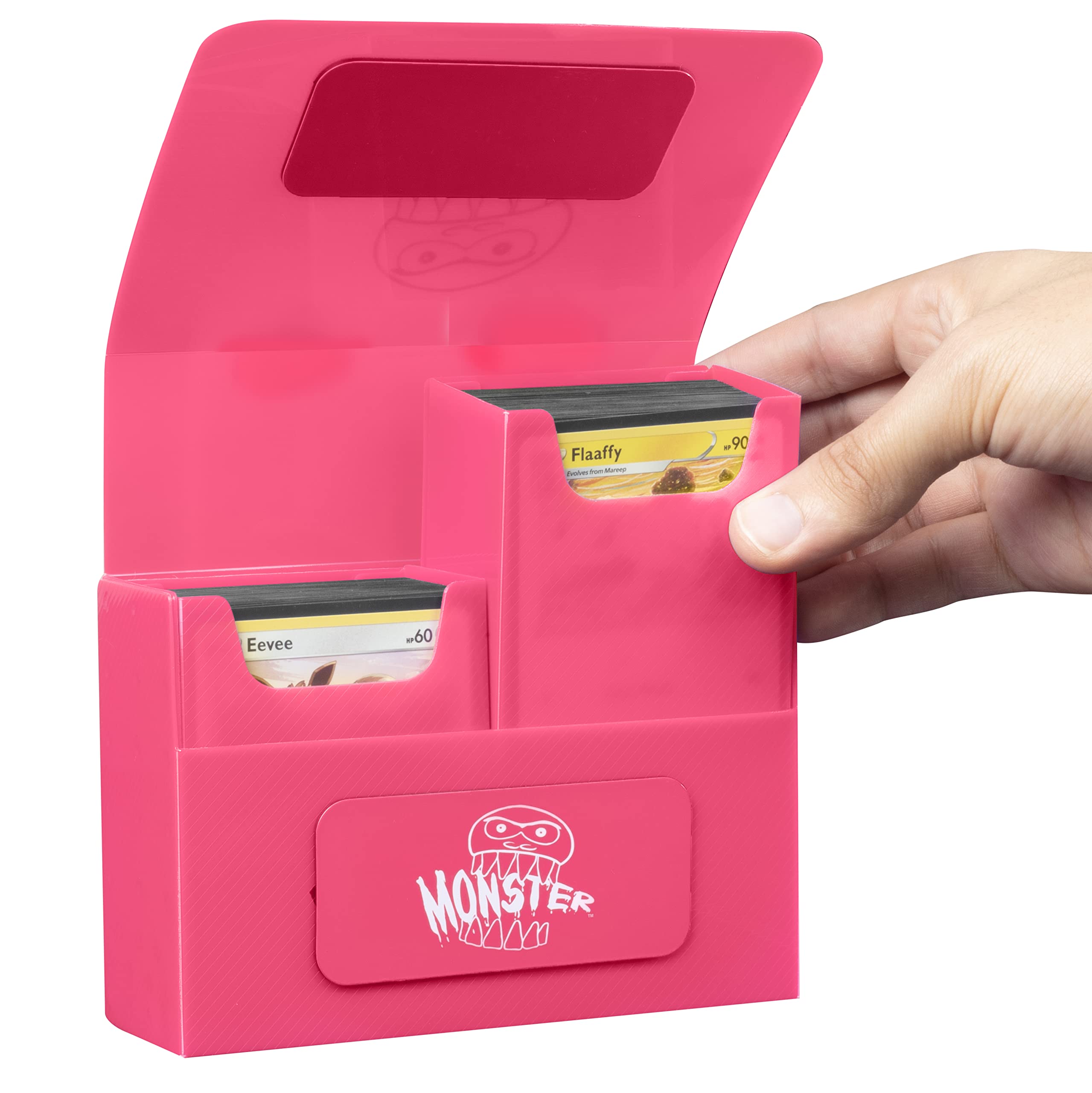 Monster Protectors Magnetic Double Deck Box - Pink, Holds 150 Gaming TCGs, Self-Locking Closure, Compatible w Standard & Smaller Size Gaming Trading Cards, Removable Construction