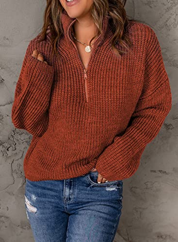 Dokotoo Plus Size Sweaters for Women Long Sleeve V Neck Sweater Quarter Zip Pullover Chunky Cozy Fall Fashion for Women 2023 Ladies Polo Lightweight Red Tops Large
