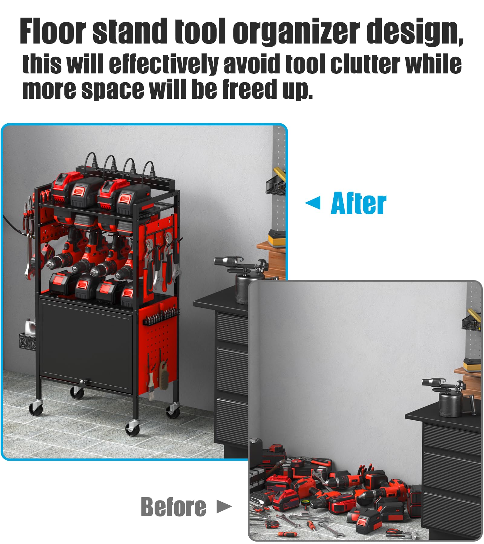 CCCEI Garage Power Tools Organizer Cart with Charging Station, Floor Standing Drill and Tools Battery Storage Cart with Cabinet. Utility Rack Gift for Men, Husband, Father Red.