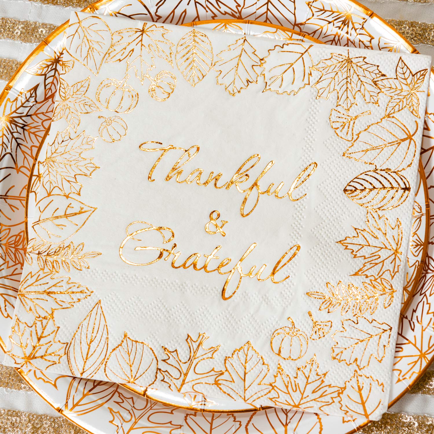 Crisky 24 Guests 96 Pcs Thanksgiving Disposable Napkins Plates Cups Set for Autumn Thanksgiving Dinner Party Decorations, Thankful and Grateful in Orange Foil
