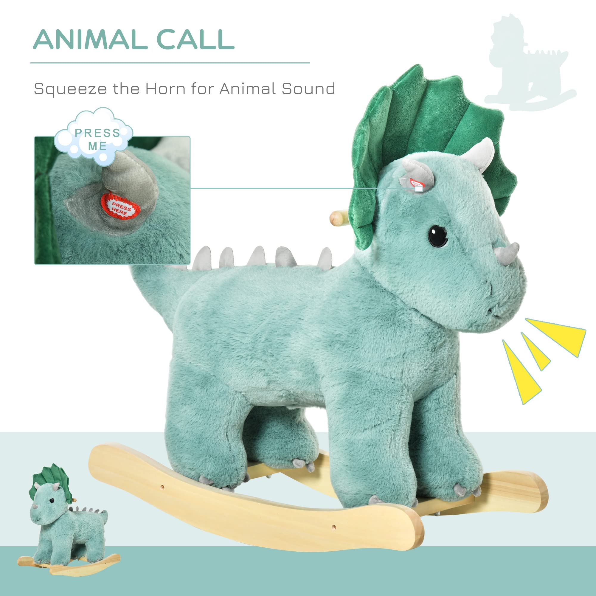 Qaba Kids Plush Ride-On Rocking Horse Triceratops-Shaped Plush Toy Rocker with Realistic Sounds for Child 36-72 Months Dark Green