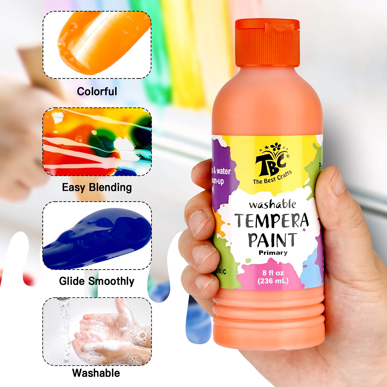 TBC The Best Crafts Washable Tempera Paint Set for Kids, 6 Vibrant Colors Large Volume (8 fl oz./236ml), Non-Toxic Craft Painting Supplies for DIY Projects, Tempera and Posters, Finger Painting