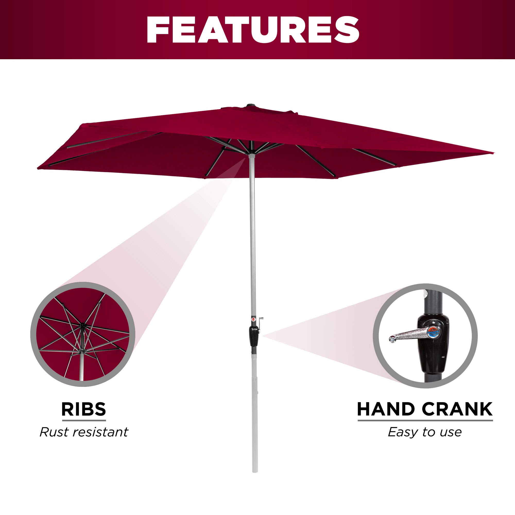 Best Choice Products 8x11ft Rectangular Patio Market Umbrella w/Rust-Resistant Frame, Hand Crank, Fade-Resistant 210G Polyester Fabric, and Wind Vent, Burgundy