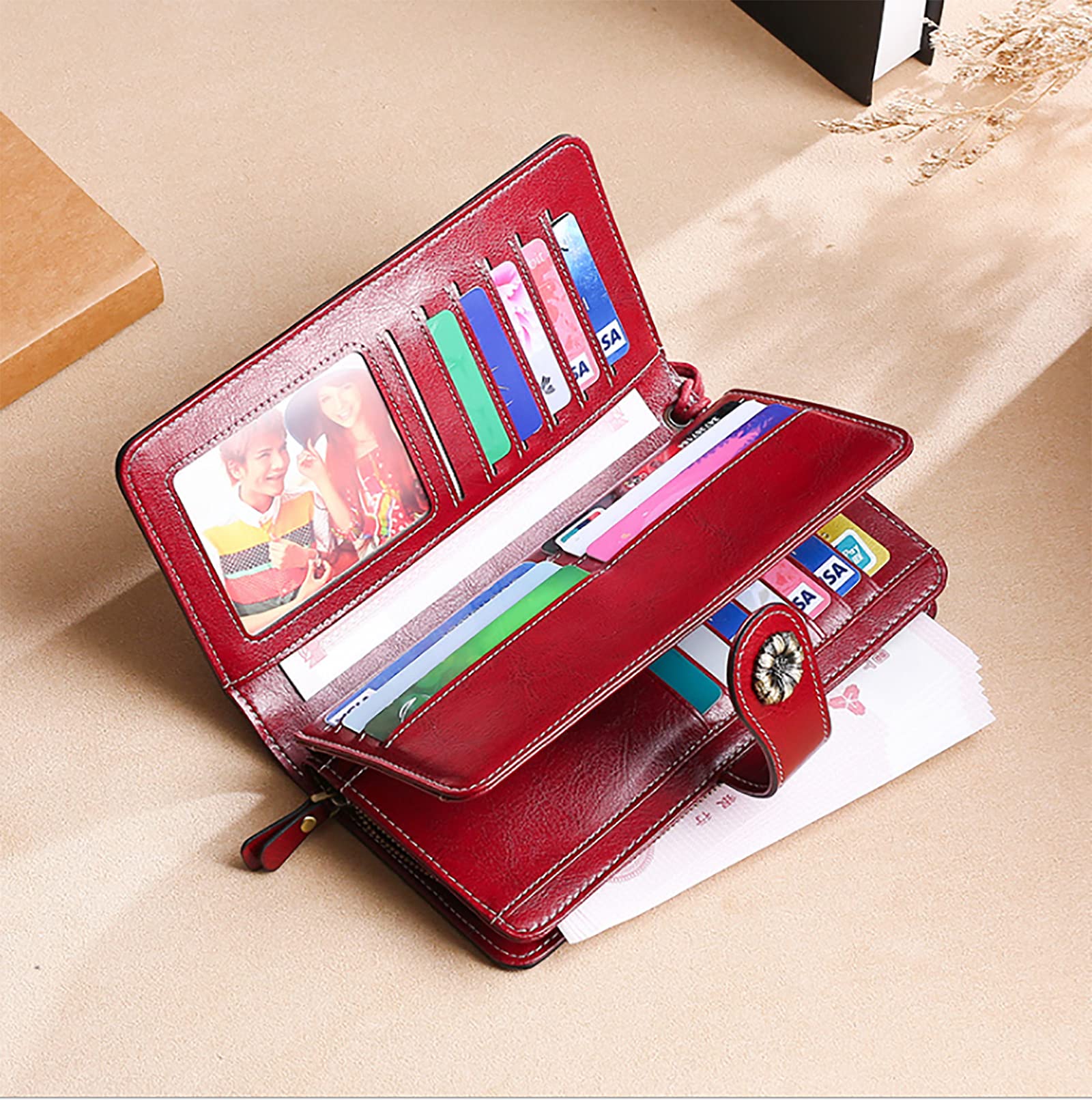 Ladies Wallet Leather Long Multifunction Clutch Wallet Retro Wax Leather Ladies Wallet