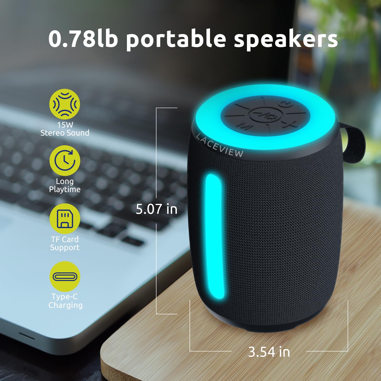 Bluetooth Speaker, IP68 Waterproof Portable Speaker with LED Lights, 15W HD Stereo Wireless Speaker, BT5.3, MIC, TWS Pairing Function, 12H Playtime for Party Camping, Showering and Home Use(Gray)