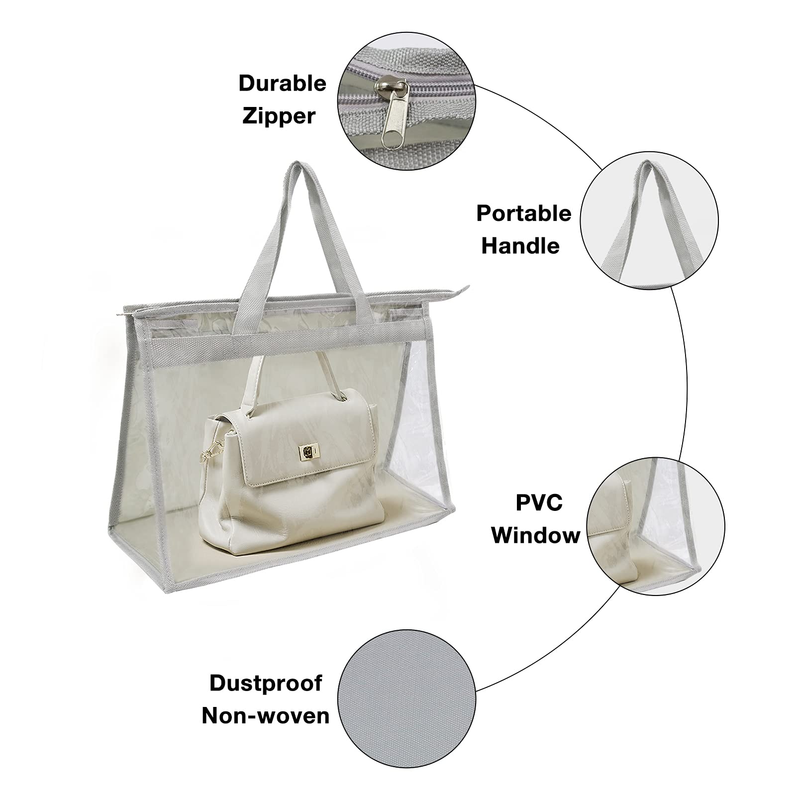 QEQRUG Handbag Storage Bags, 3 Pcs Dust Cover Bag for Hanging Closet, Transparent Purse Storage Organizer Bag with Zipper and Handle for Handbags Anti-dust (Grey)