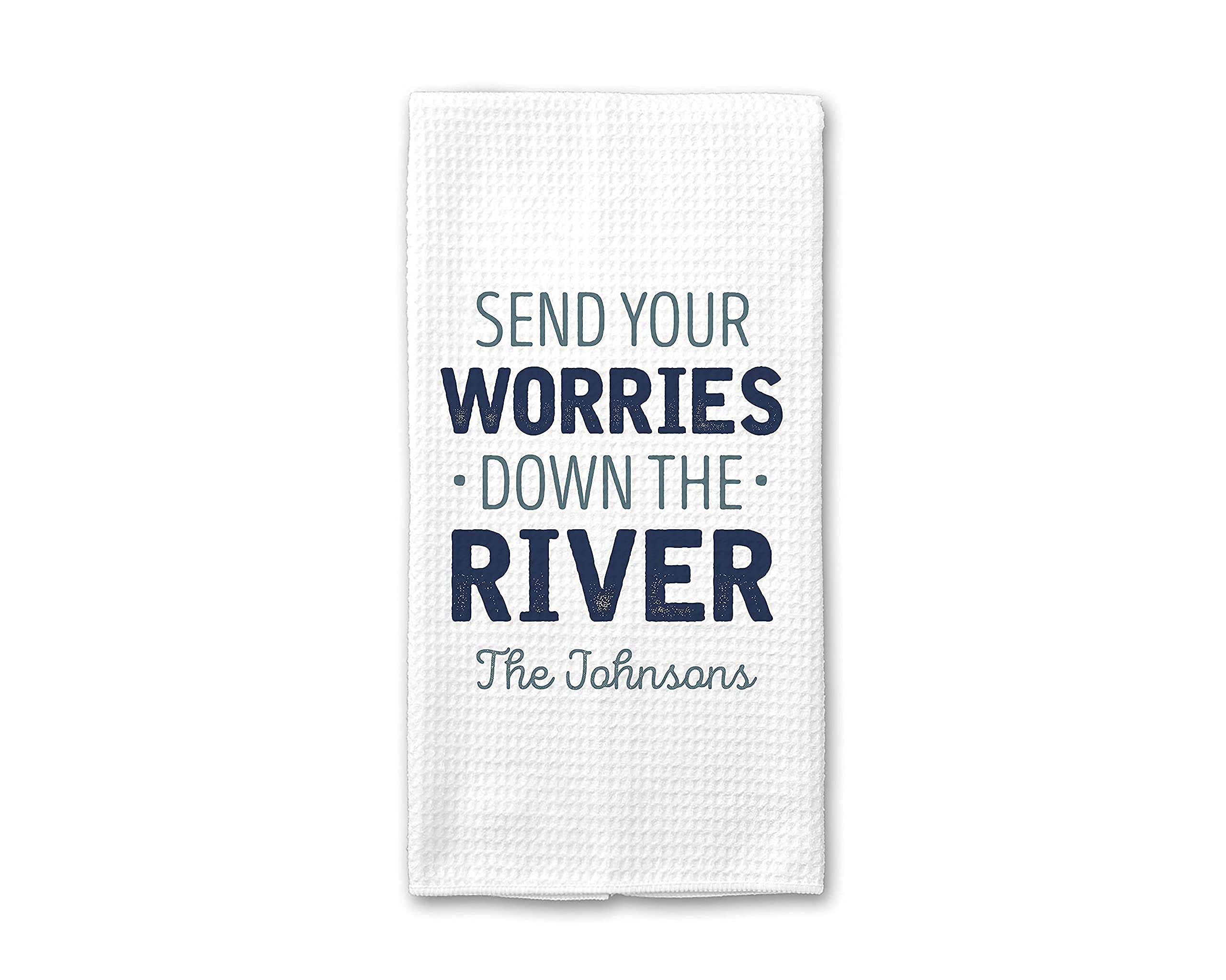 CANARY ROAD Personalized River House Kitchen Towel, Personalized River House Tea Towel, Family Name, River Cabin Hand Towel, Mountain House Gift, Kitchen Decor