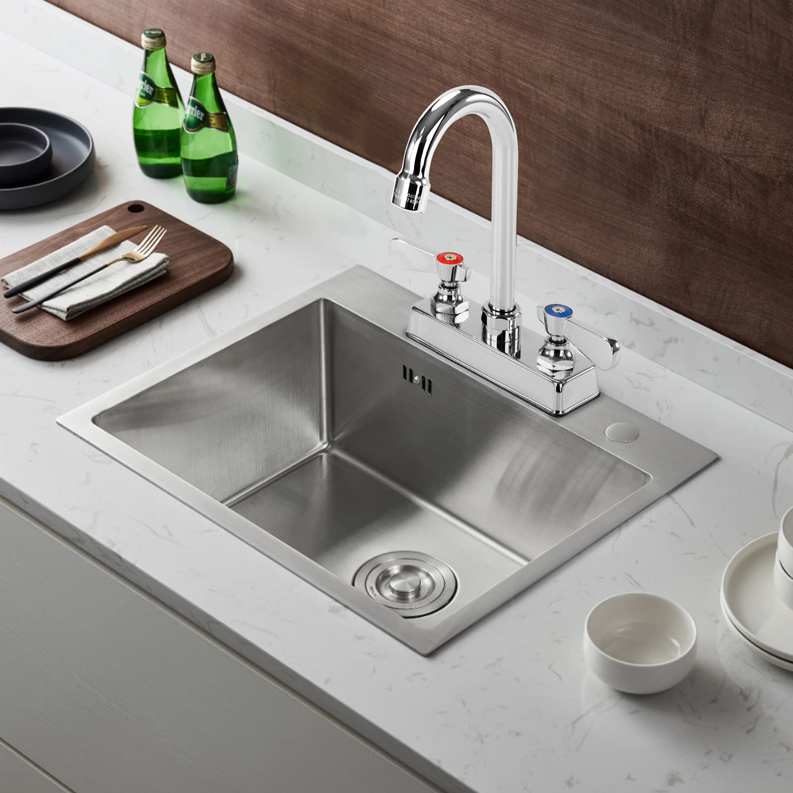 Commercial Bar Sink Faucet 4 Inch Center Deck Mount Bar Sink Faucet 2 Hole Brass Constructed & Chrome Polished with 3-1/2" Gooseneck Spout & Dual Lever Handles