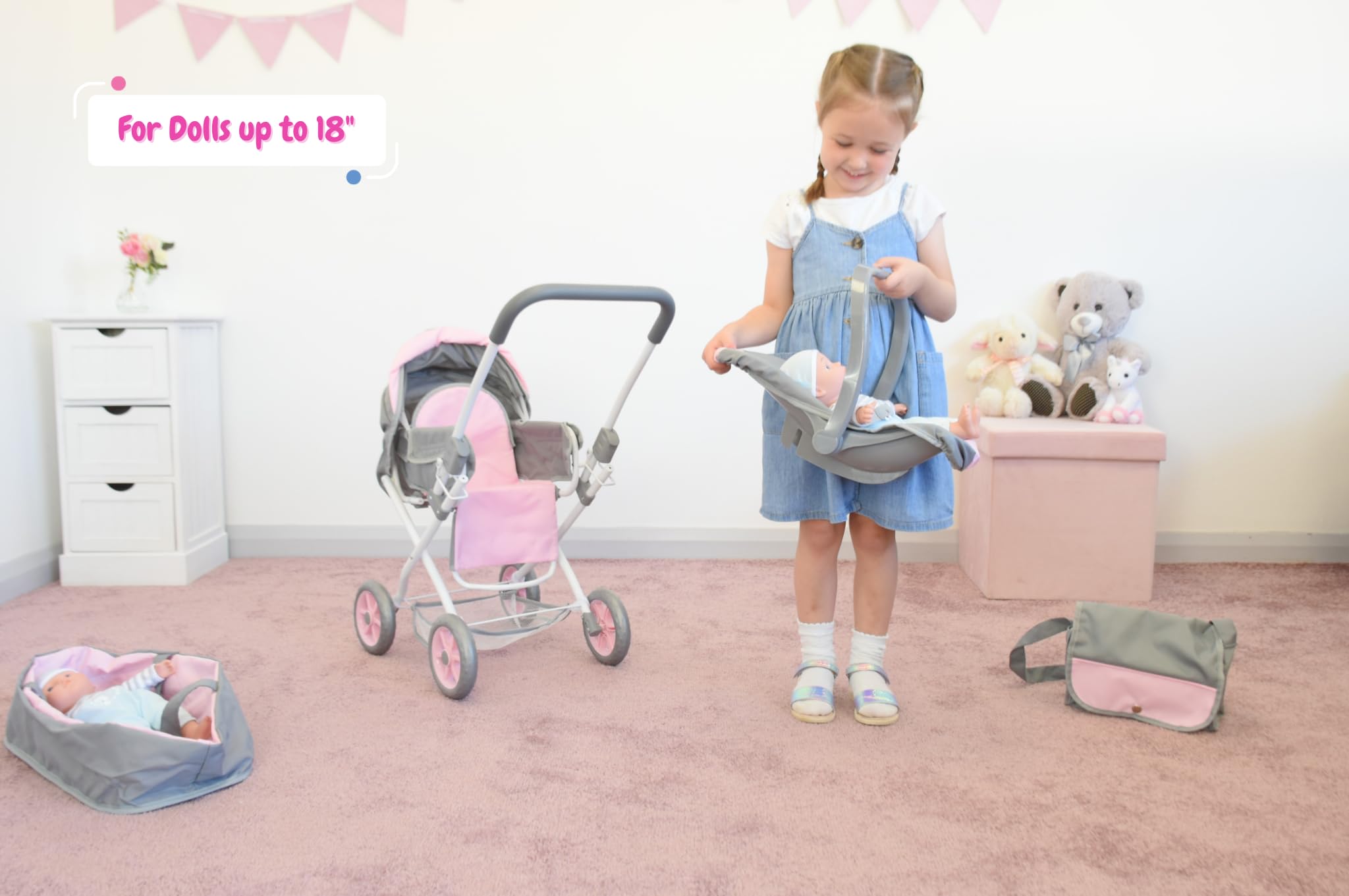 KOOKAMUNGA KIDS 5 Pc Baby Doll Stroller Set - Baby Doll Accessories - Baby Doll Playset w/ Doll Crib Stroller Car Seat - Playpen - Carry Cot - Diaper Bag - Ages 3+ - Deluxe Grey / Pink