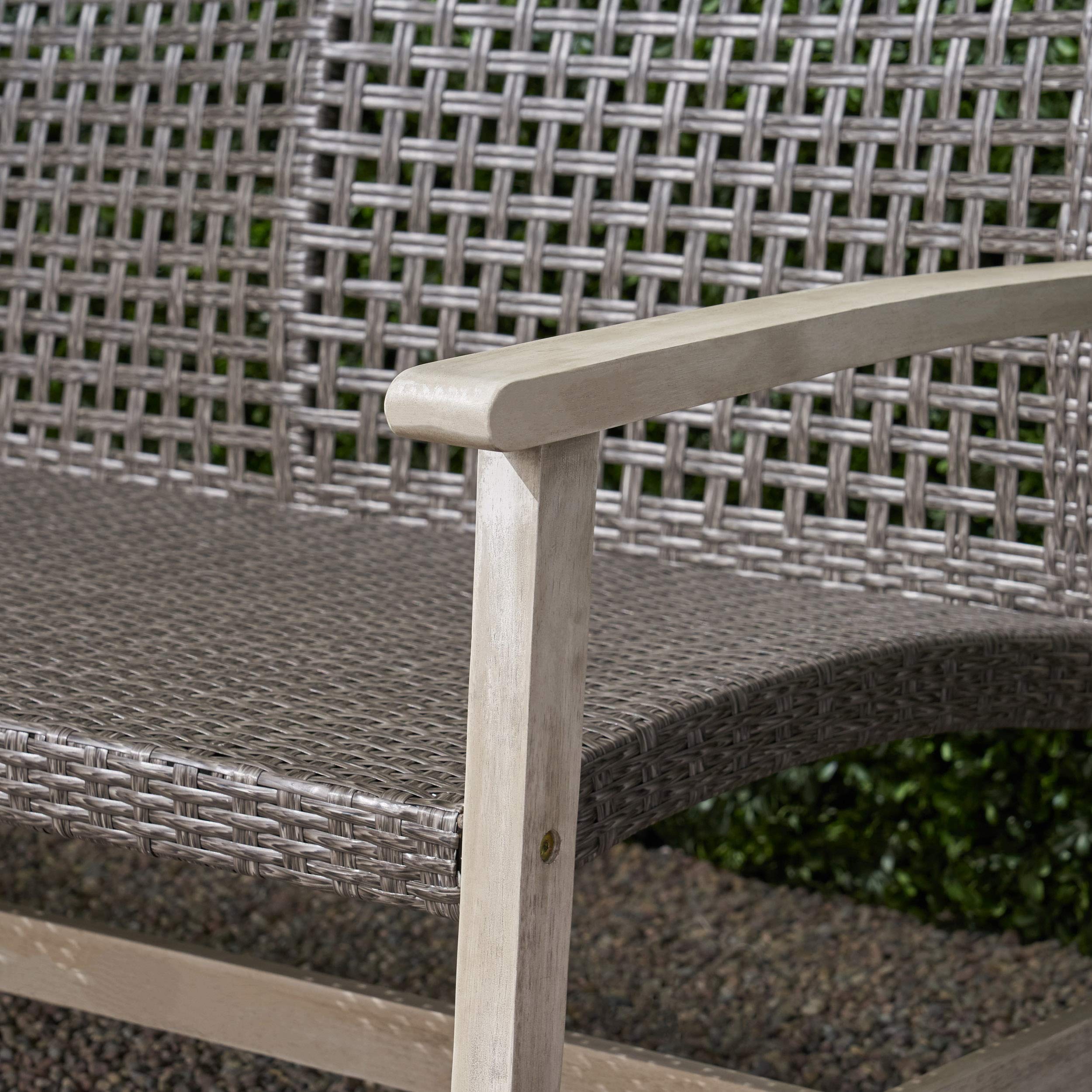 GDFStudio Outdoor Wood and Wicker Loveseat, Light Gray Finish with Mix Black Wicker