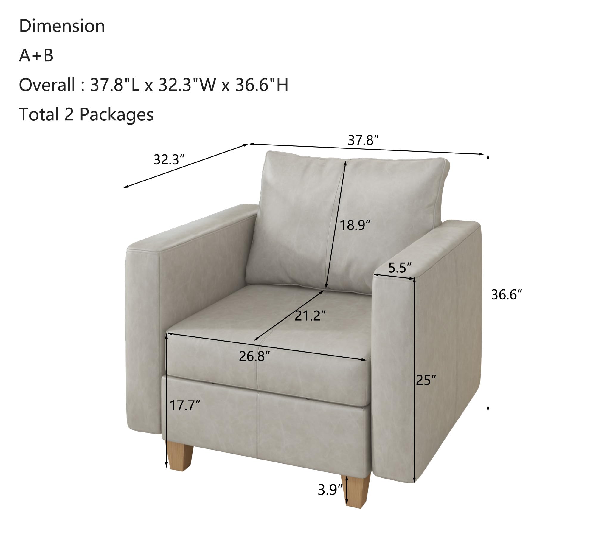 EASE MOOSE Modular Sectional Accent Chair with Storage Seat, Faux Leather Armchair Modern Single Sofa Club Chair for Living Room
