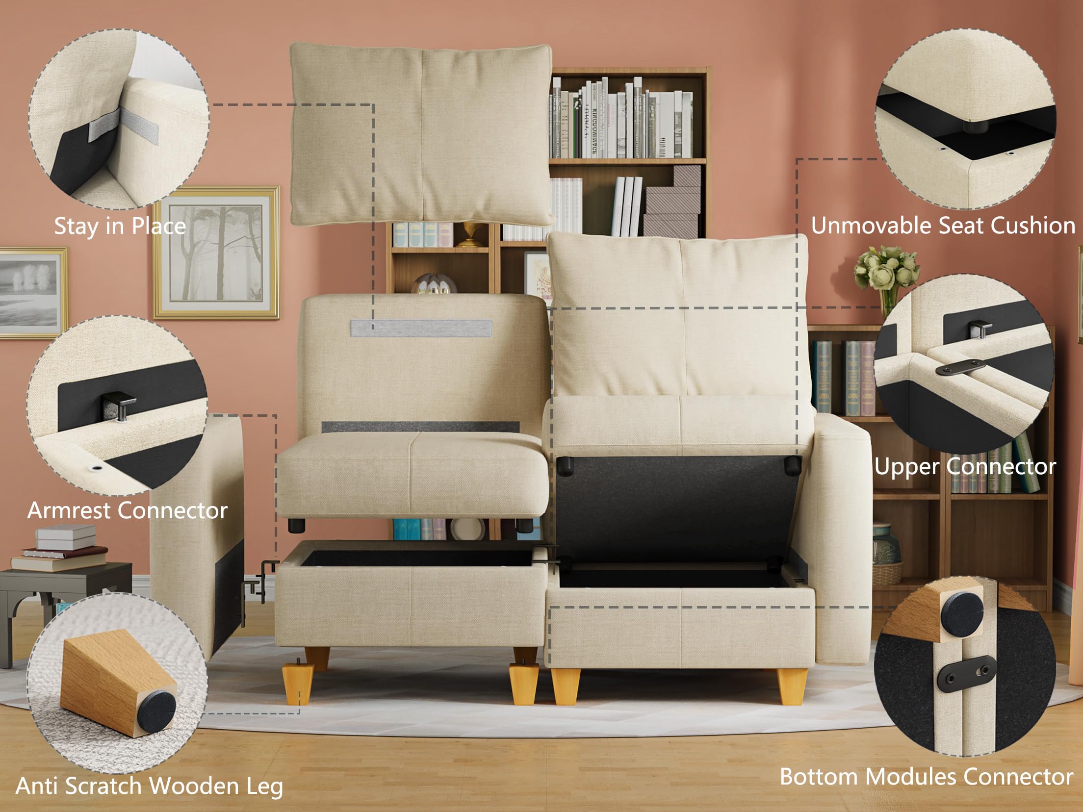 EASE MOOSE Modular Sectional Sofa Middle Seat Module, Linen Fabric Armless Middle Module for Modular Sofa Sectional Couch with Storage Beige