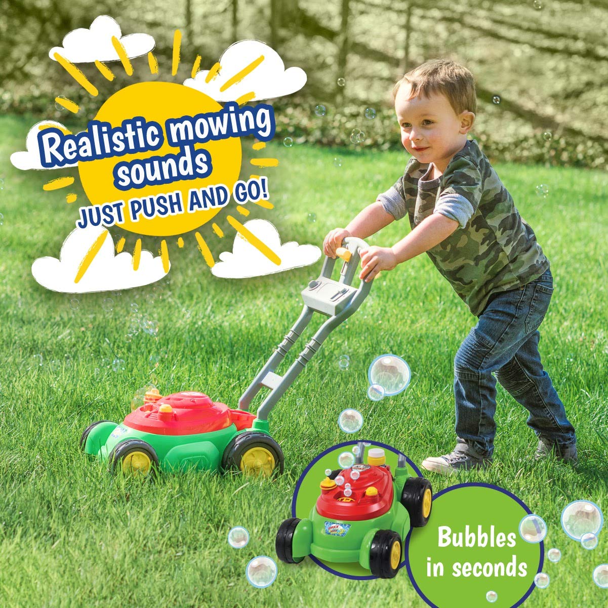 Maxx Bubbles Deluxe Bubble Lawn Mower Toy – Includes 4oz Bubble Solution | Outdoor Bubble Machine for Kids | Easy to Use, No Batteries Required | Amazon Exclusive, Red – Sunny Days Entertainmen