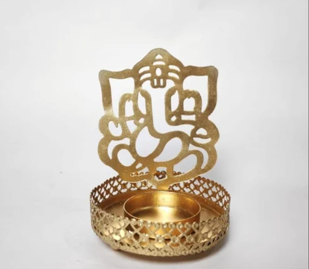 Decorative Ganesha Tea Light with Perforated Gold-Tone Base, Diya, Indian Diwali Celebration, Festival, Happy Diwali