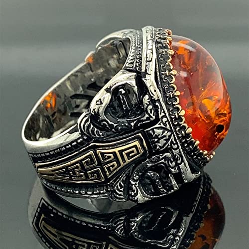 Mens Handmade Ring, Amber Stone Ring, Honey Amber Ottoman Mens Ring, Natural Stone, Men Ring, Gift for Him, 925k Sterling Silver Ring