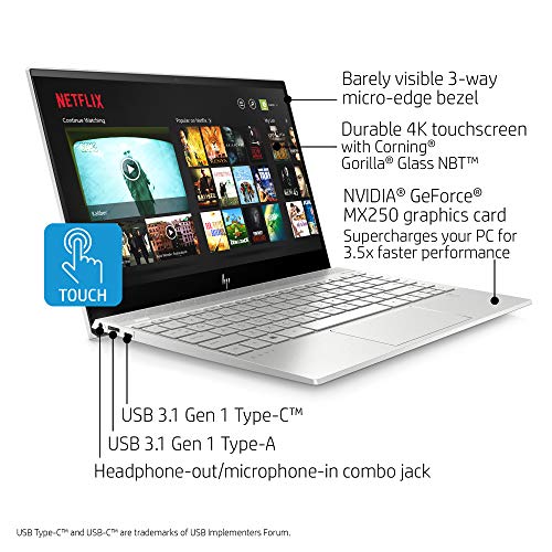 HP ENVY 13-13.99 Inches Thin Laptop w/ Fingerprint Reader, 4K Touchscreen, Intel Core i7-8565U, NVIDIA GeForce MX250 Graphics, 16GB SDRAM, 512GB SSD, Windows 10 Home (13-aq0044nr, Natural Silver)