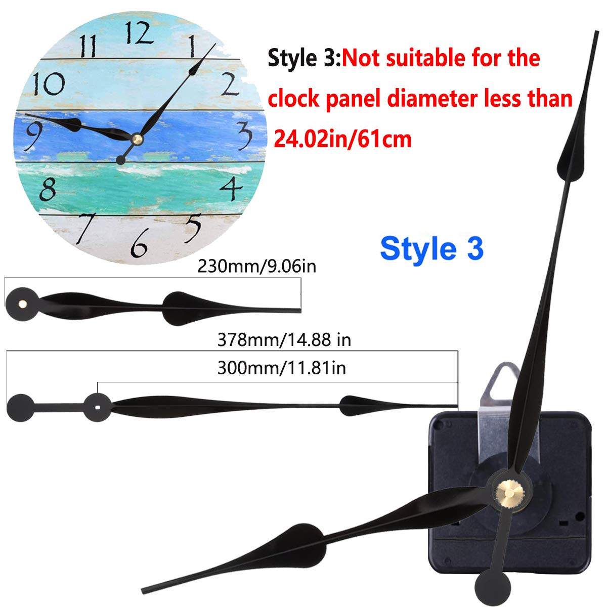 HILLHOME High Torque Long Shaft Hands Quartz DIY Wall Clock Movement Mechanism with 12 Inch Long Spade Hand Battery Operated Repair Parts Replacement, 3/10 in Max Dial Thickness, 9/10 in Total Length
