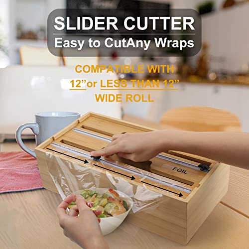 CTSZOOM 2 in 1 Wrap Dispenser with Cutter and Labels, Plastic Wrap, Aluminum Foil and Wax Paper Dispenser for Kitchen Drawer, Bamboo Roll Organizer Holder, Compatible with 12" Roll
