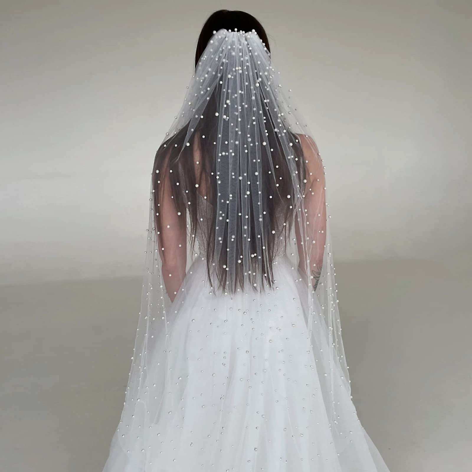 Bridal Wedding Veil 118" Long Cathedral Length Pearl Bridal Veil with Comb Y