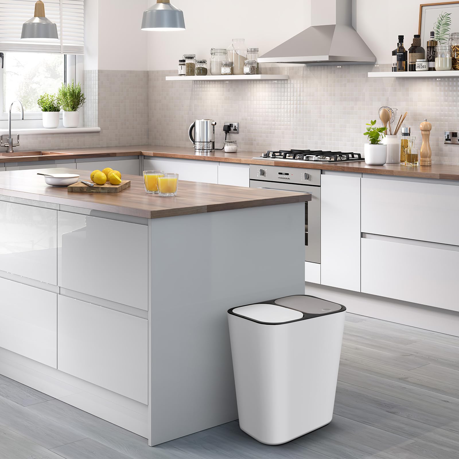 DEARMAMY Dual Trash Can, 2 Compartment Kitchen Garbage Can Plastic Dry and Wet Classified Recycling Bin Wastebasket Liter Bin Dustbin Rubbish Box Garbage Container for Home 15L
