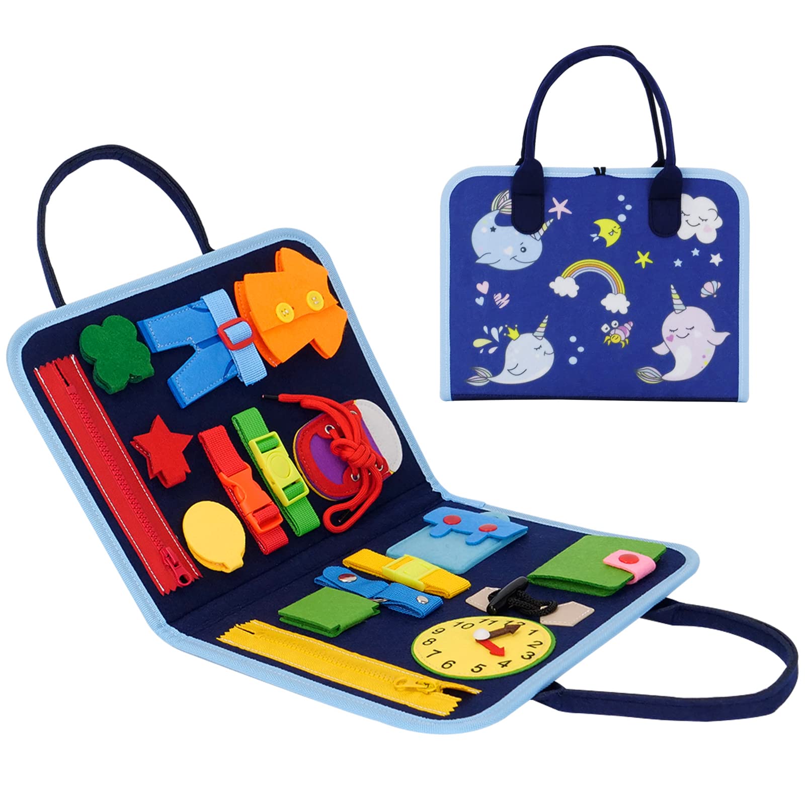 QQAPPU Montessori Busy Board,Preschool Learning Toy Fine Motor Skills,Toddler Activity Board Sensory Toy for Plane and Car Travel