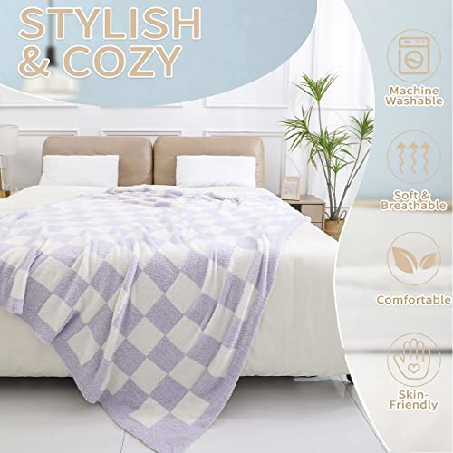 DOOWELL Checkered Blanket Throw Soft Knit Blanket with Checkerboard Grid Pattern for Couch Sofa Bed Camping Travel Gift (Purple, 50"x60")