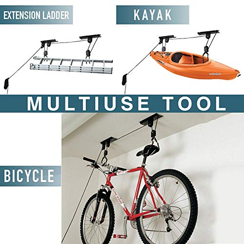 Bike Hoist for Garage Ceiling Storage, Heavy Duty Bicycle Lift Mountain Bicycle Hanging Rack with 3 Pulley and 45 ft Adjustable Rope | 100 lb Capacity