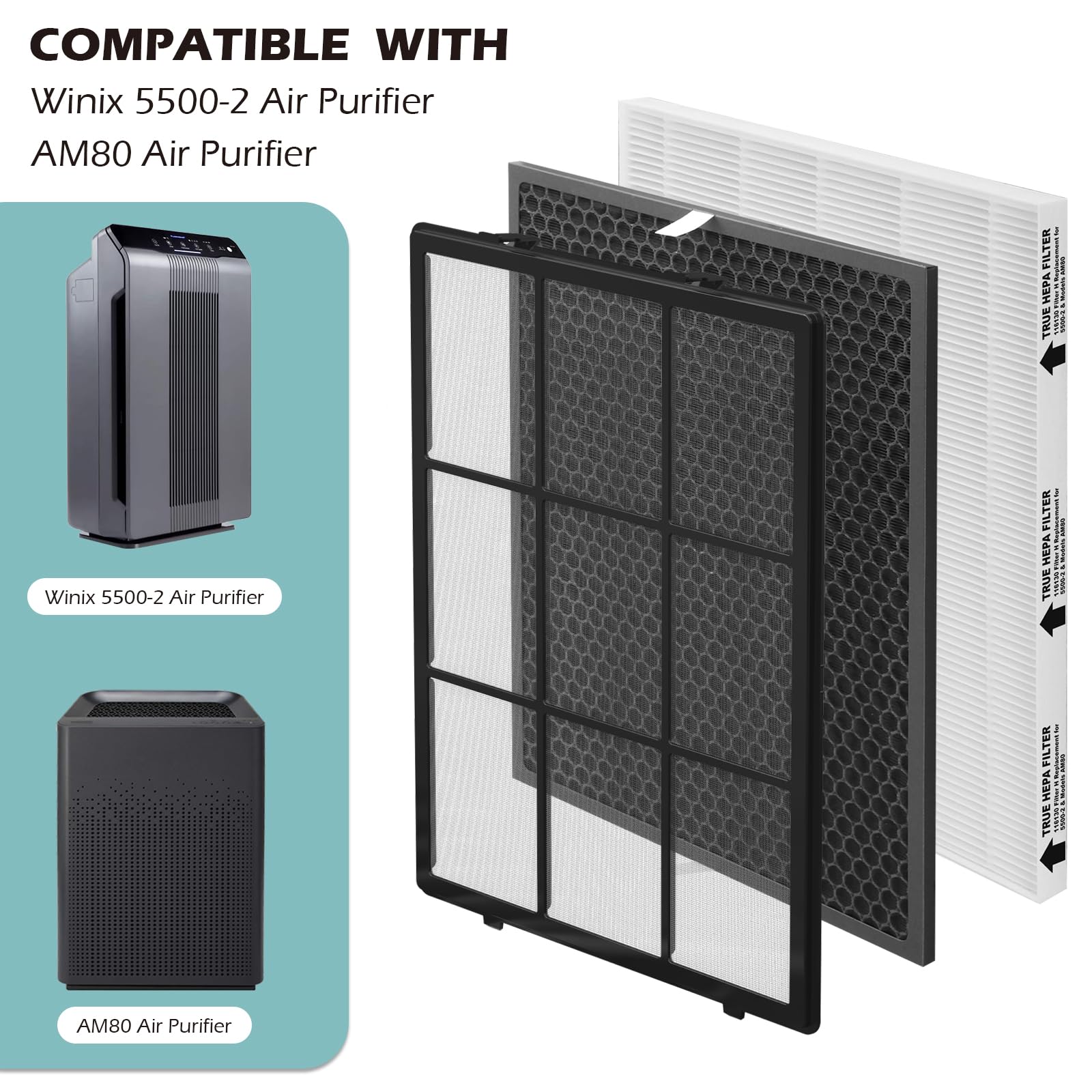 Breabetter 2 Pack 116130 Replacement Filter H Compatible with Winix 5500-2 Air Cleaner Purifier, with 1 Washable Fine Mesh Pre-Filter and 2 Activated Carbon Filters