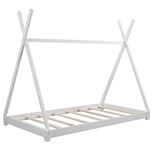 FIQHOME Twin Size House Platform Bed with Triangle tructure, Kids Floor Bed House Bed Solid Wood Frame, Wooden Slat Support, for Boys & Girls,No Box Spring Needed,White