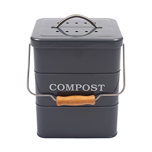 Compost Bin Kitchen Countertop Indoor Compost Pail Bucket, Great for Food Scraps, Carbon Steel, Handles, Gray, 1 Gallon - Includes Charcoal Filter