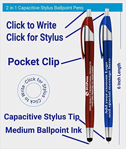 Personalized Writing Ink Ballpoint Novelty Pens, Custom Printed with Your Logo & Text"Click to Write - Click for Stylus Tip!" Works with Android, iPhone, iPads (Pack of 70 Pens - Green Barrels)