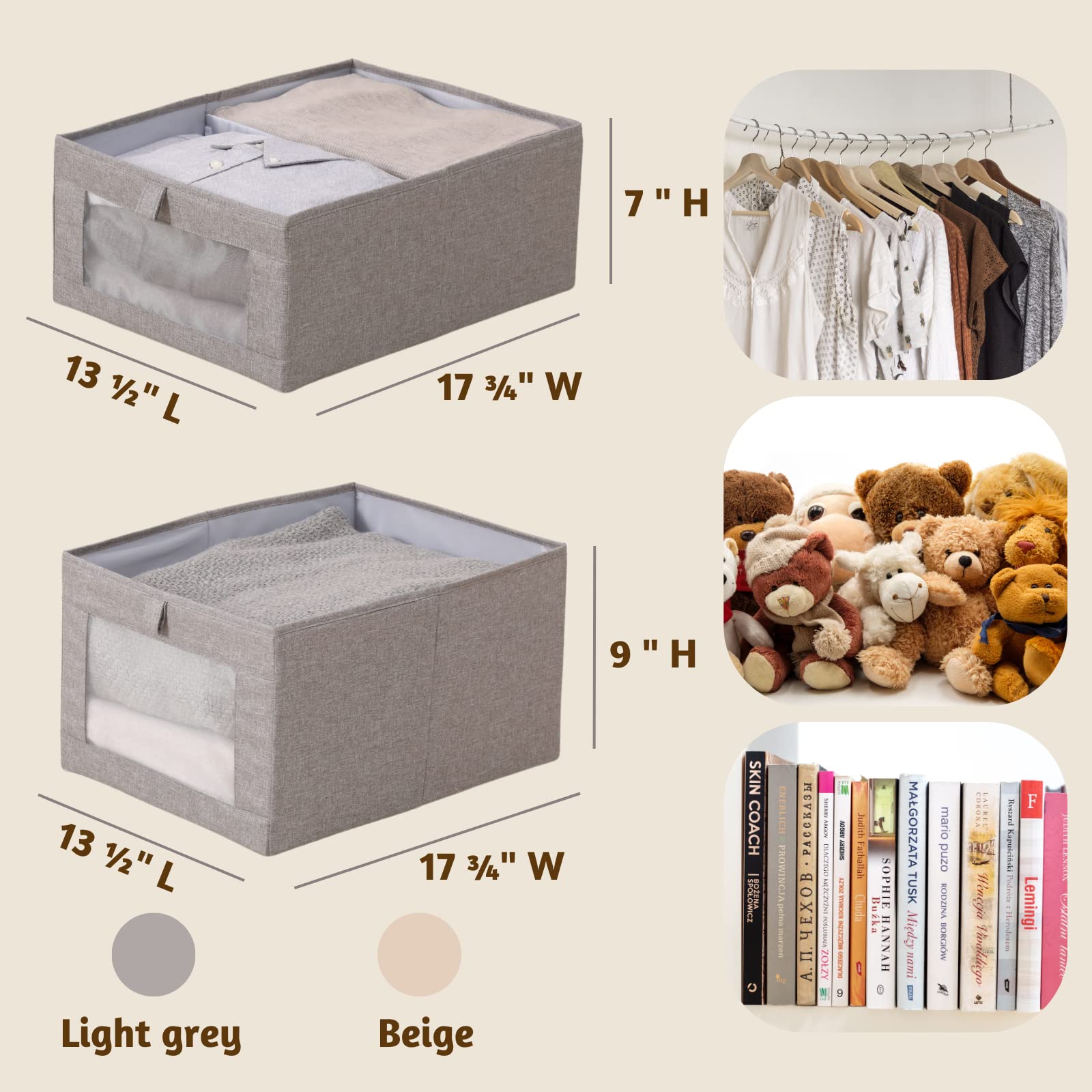 CANFOD Clothes Storage Bins, Closet Storage Containers, Storage Organizers for Cloth, Bed Sheet, Jeans, Toys (13 ½" L x 17 ¾" W x 7" H, Beige)
