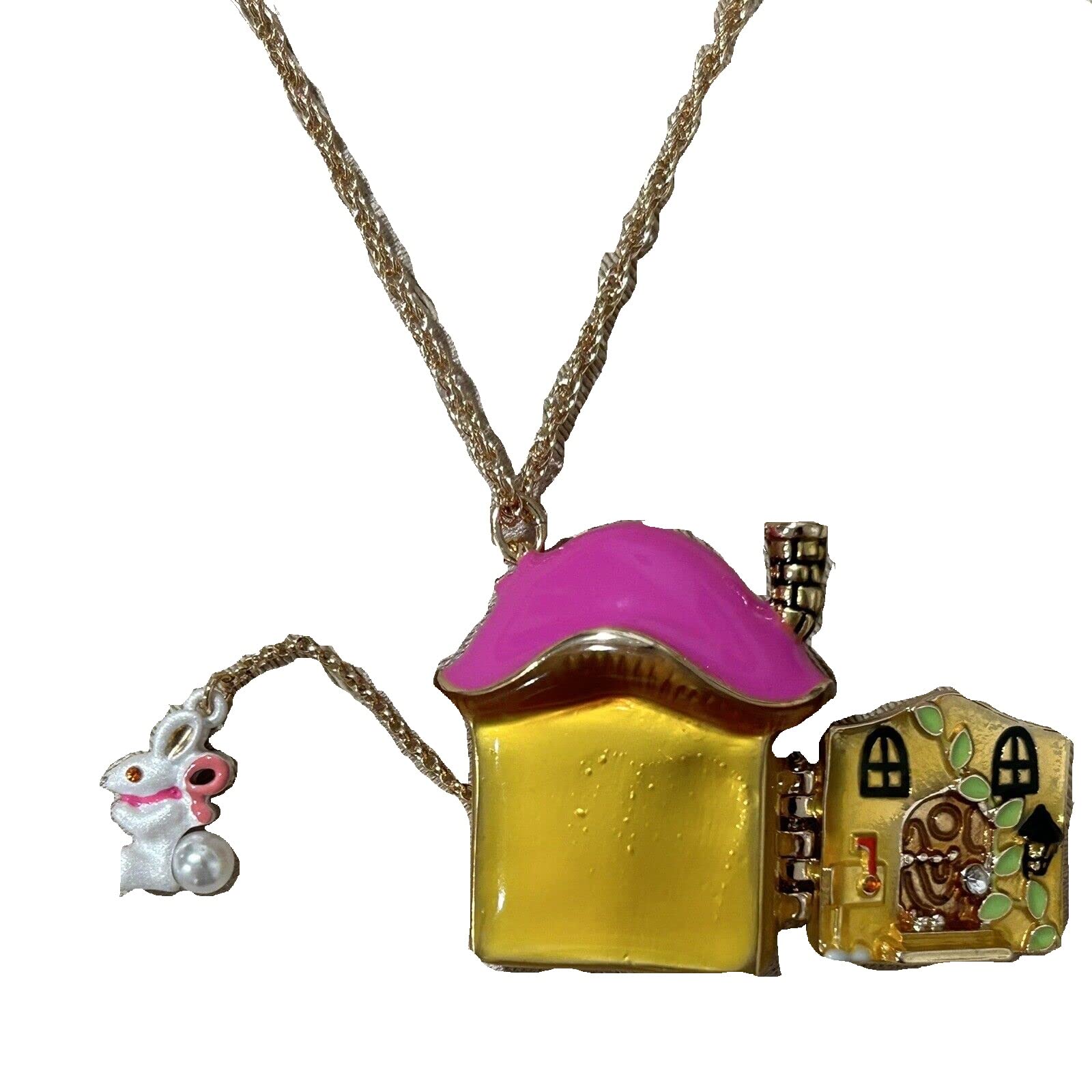 Betsey Johnson Mushroom House Bunny Pendant Slider Necklace Faux Pearl