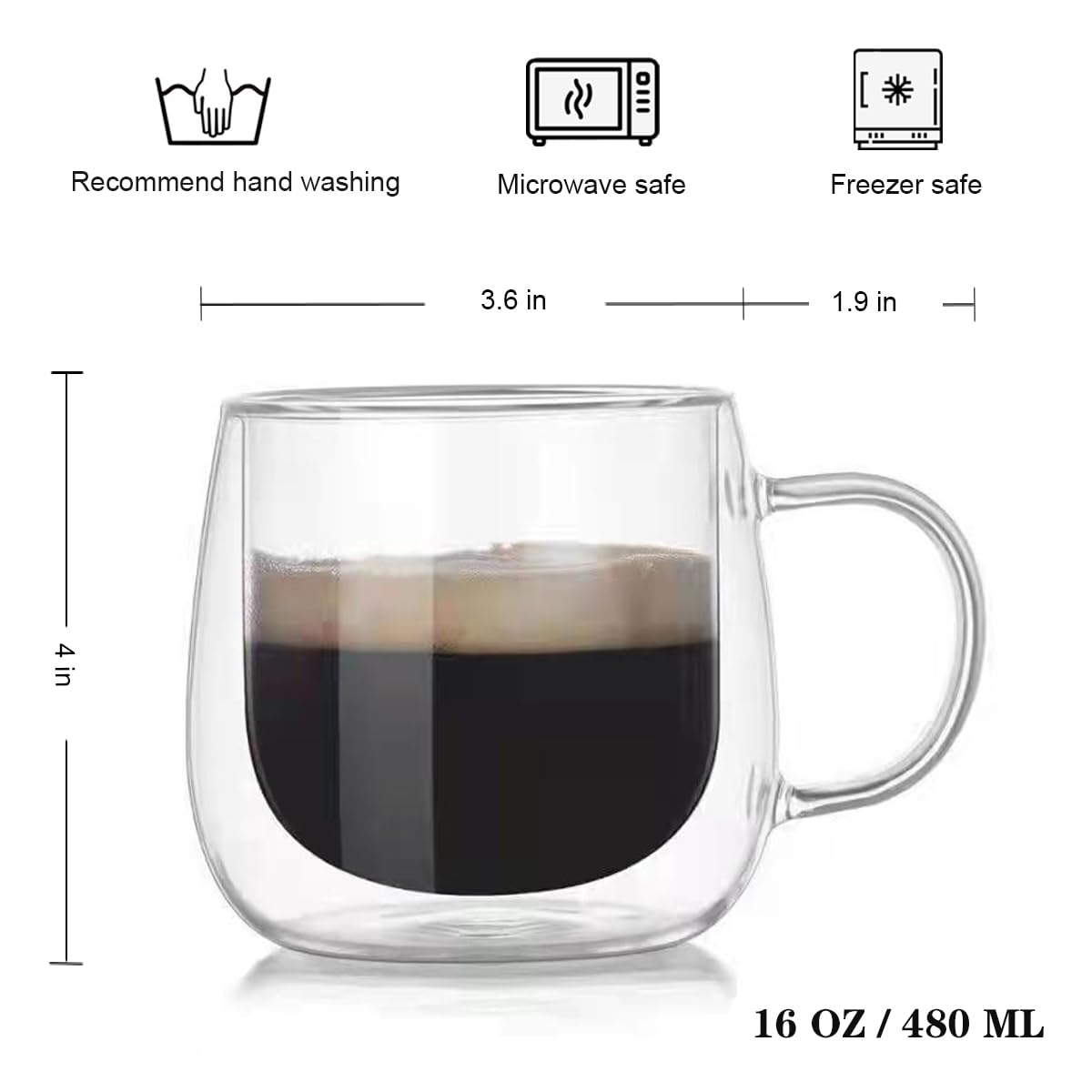 BNUNWISH Double Wall Glass Coffee Mugs 16oz Set of 2 Insulated Clear Tea Cups with Handle, Perfect for Espresso, Latte and Cappuccinos