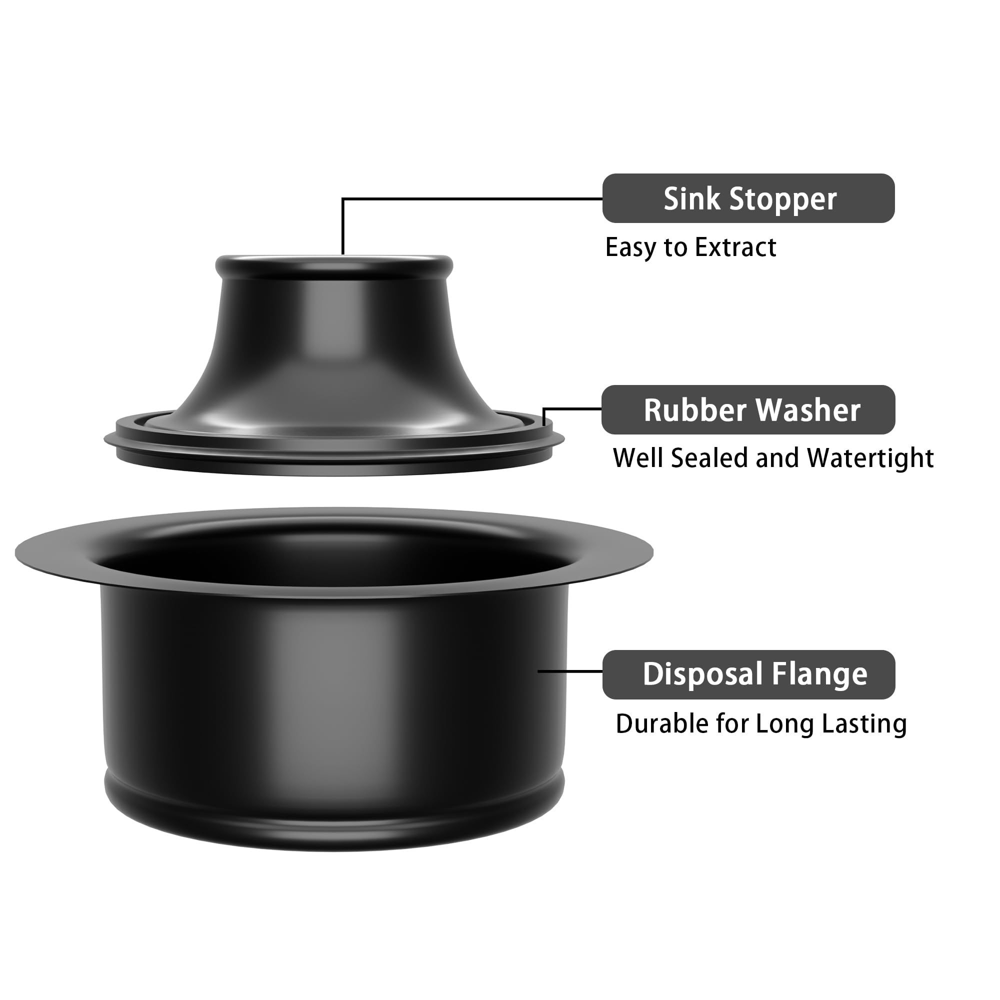 EXAKEY Kitchen Sink Garbage Disposal Flange and Stopper,Sink Drain Flange with Stopper for Garbage Disposal Stainless Steel Fit Universal 3-1/2 Inch Standard Sink Drain Opening Matte Black