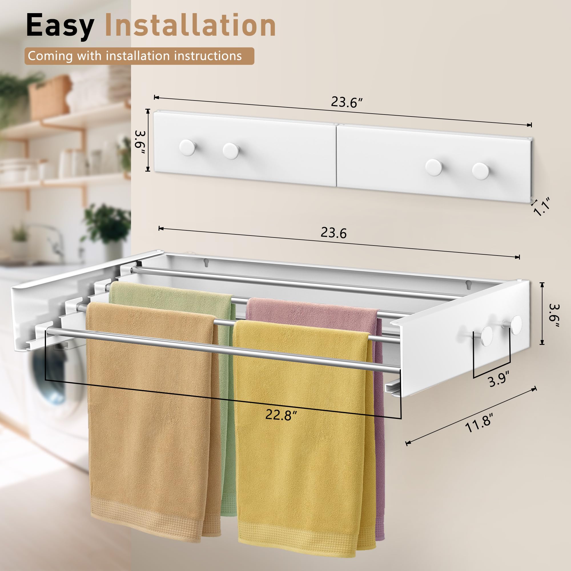 CRJKIJ Wall Mounted Laundry Drying Rack for Clothes - Foldable Conceal Drying Rack,4 Stainless Rods Heaving 48 lb Capacity (White, 23.6")