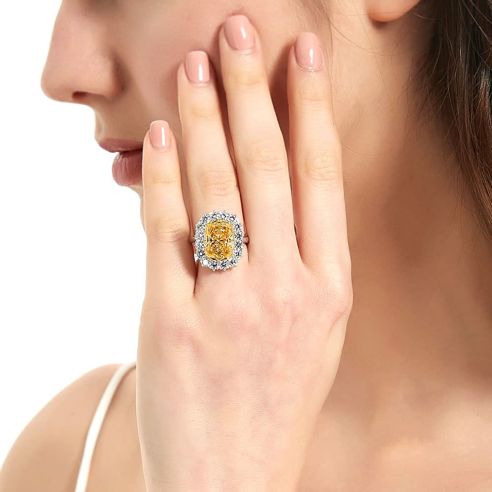 BERRICLE Sterling Silver Halo Yellow Cushion Cut Cubic Zirconia CZ Statement Cocktail Fashion Ring for Women, Rhodium Plated Size 8