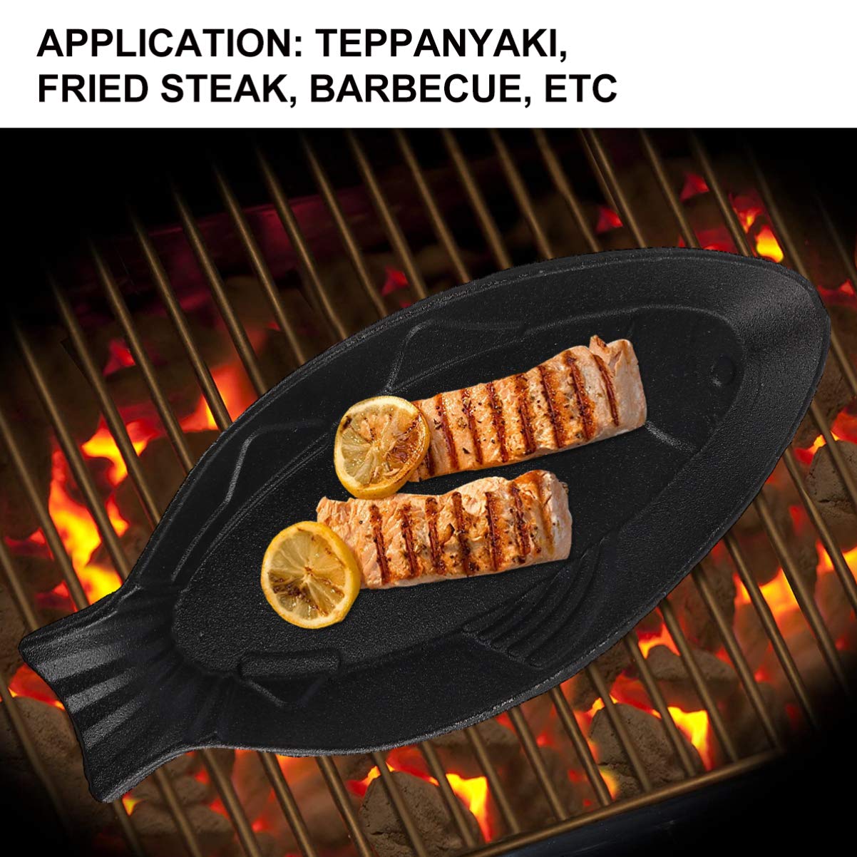 DOITOOL Small Cast Iron Skillet with Wooden Base, Creative Fish-Shaped Japanese Steak Plate Set for Restaurant Home Kitchen Cooking Pan Grilling Meats Seafood